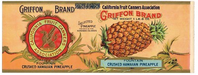 ORIGINAL CAN LABEL VINTAGE C1920S EMBOSSED GRIFFON HAWAIIAN PINEAPPLE ...