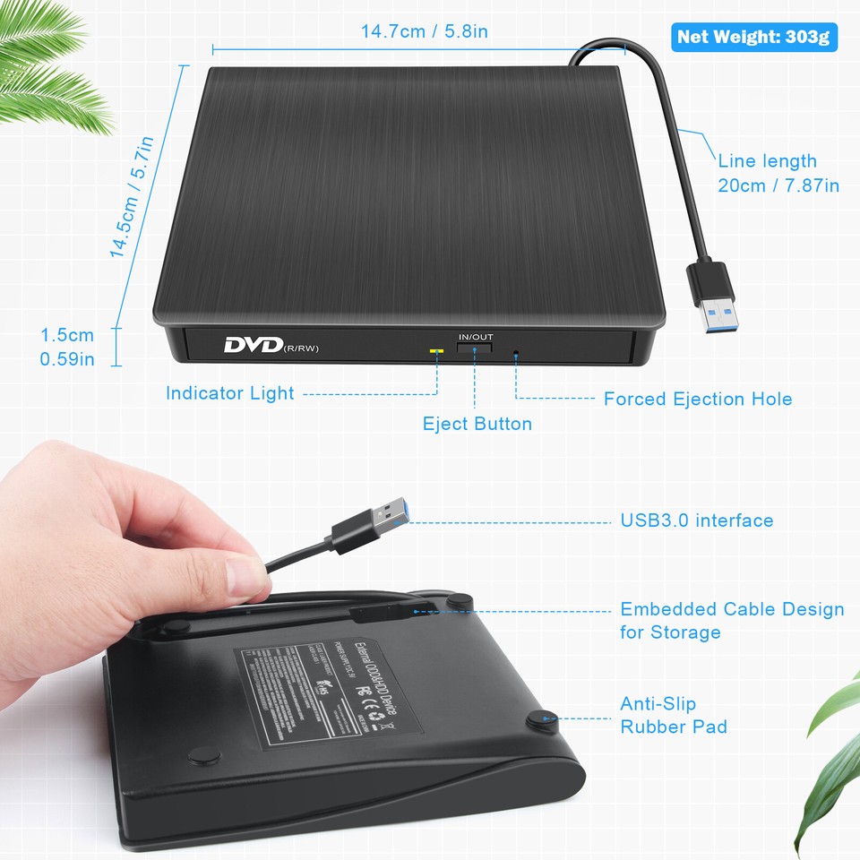 Slim External USB 3.0 DVD RW CD Writer Drive Burner Reader Player For ...
