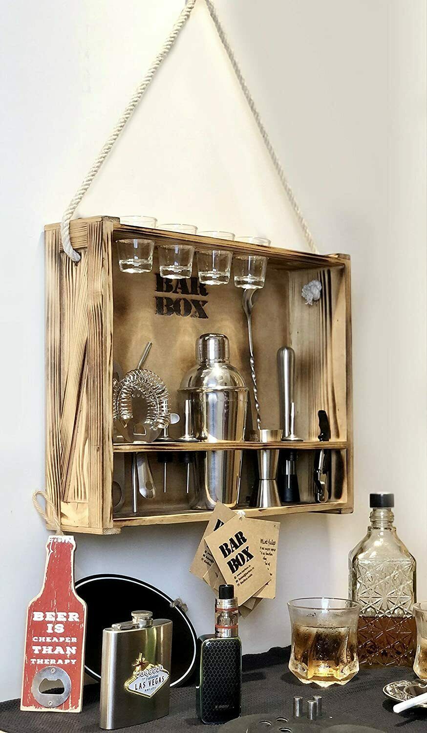 Bartender Kit 19 Piece Bar Tool Set with Rustic Wood Stand Cocktail ...