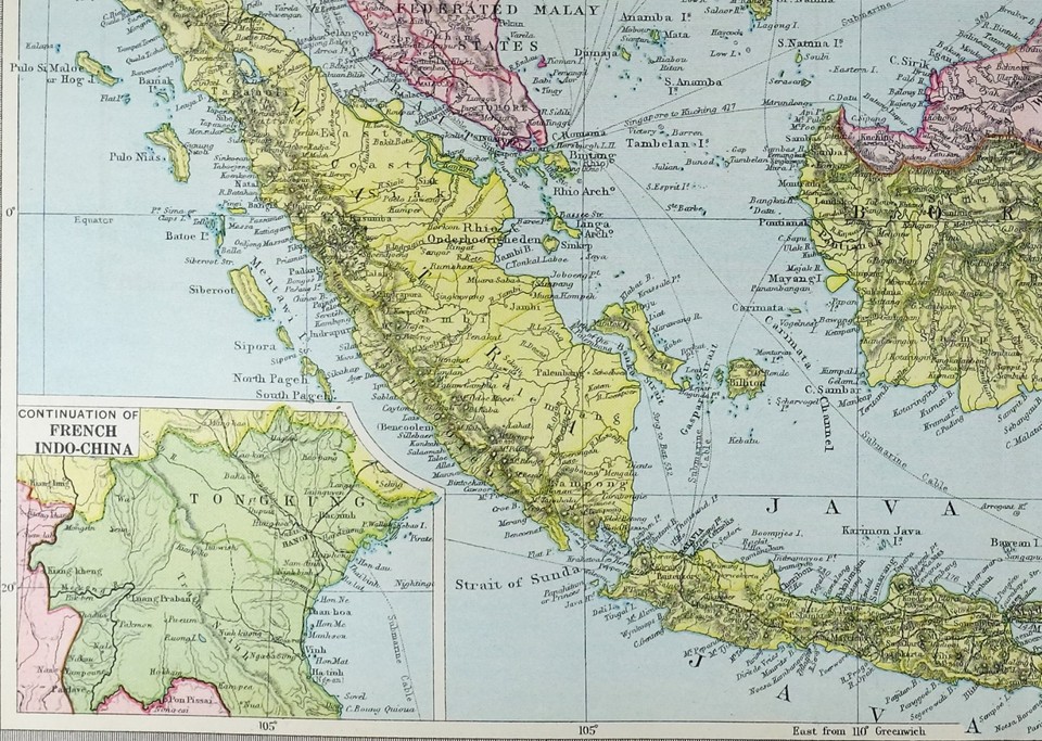 1921 LARGE MAP EAST INDIES PHILIPPINE ISLANDS JAVA SUMATRA CELEBES SIAM ...