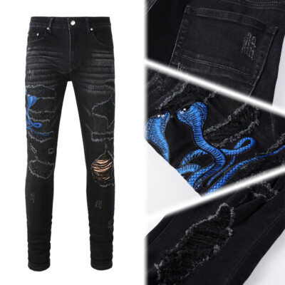 Men's Skinny Stretch Patches Jeans Distressed Washed Denim Snake ...