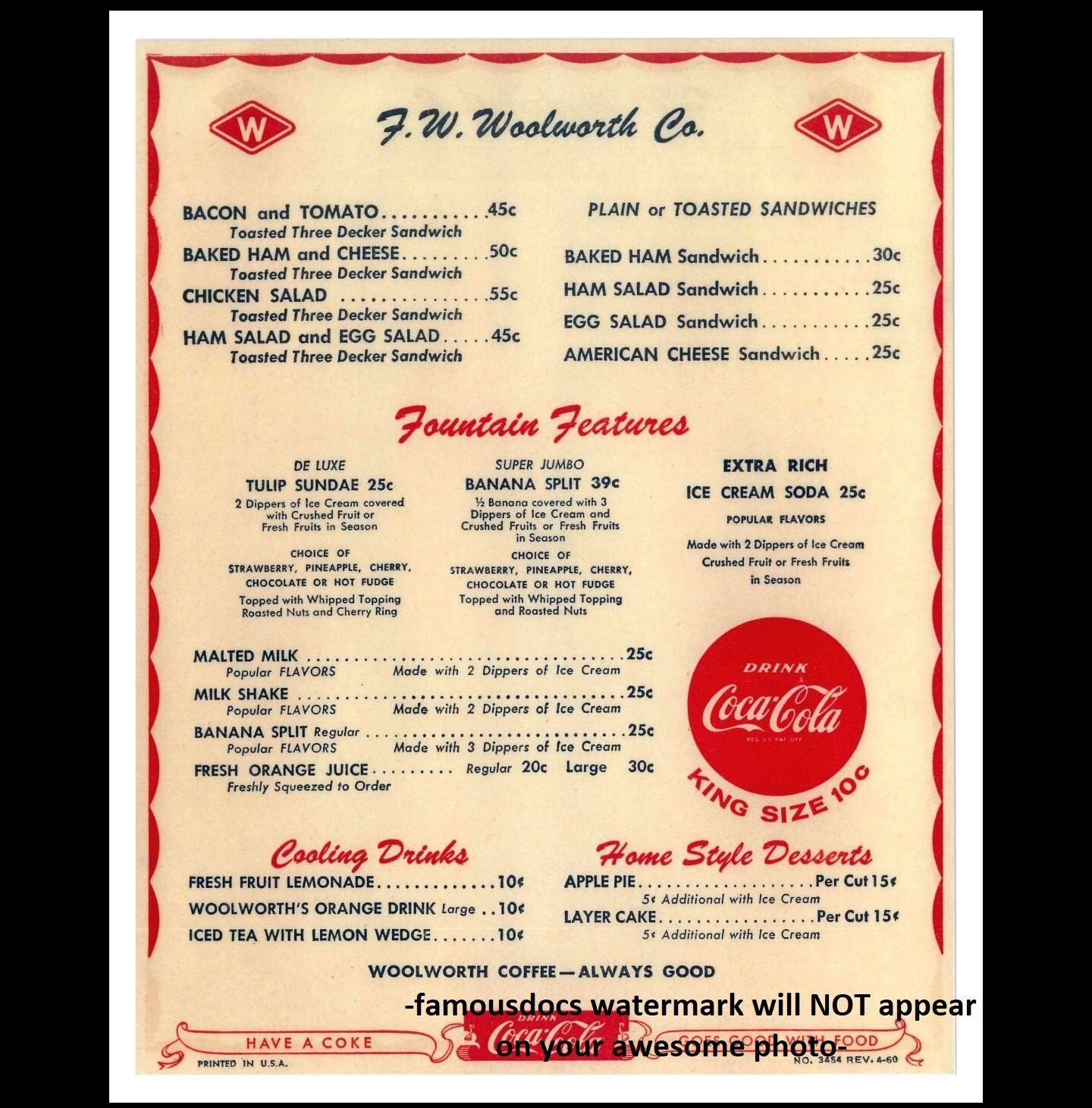 Woolworth Diner Menu PHOTO Lunch Counter Restaurant Vintage Prices 8x10 ...