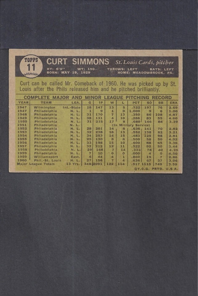 1961 TOPPS SET BREAK #11 CURT SIMMONS-3--CARDINALS--NO CREASES--EX/MT/NR/MT++ | eBay