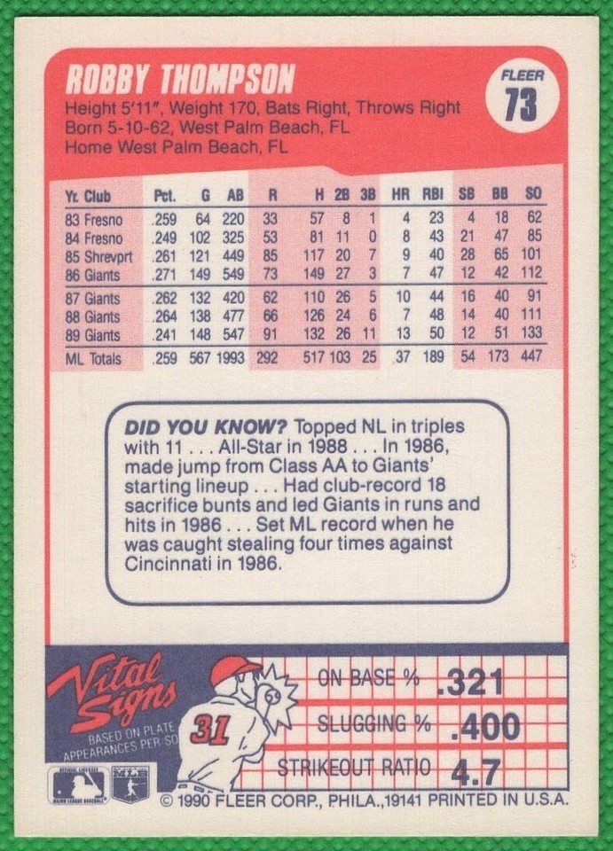 Robby Thompson - 1990 Fleer #73 - San Francisco Giants Baseball Card | eBay