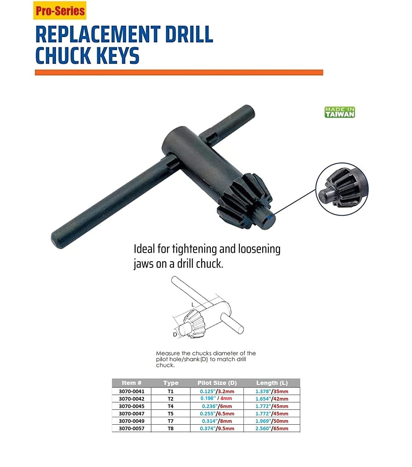 .312"/8MM PILOT DRILL CHUCK KEY SKD3 FOR 1/2 & 5/8" CHUCKS (3070-0049 ...