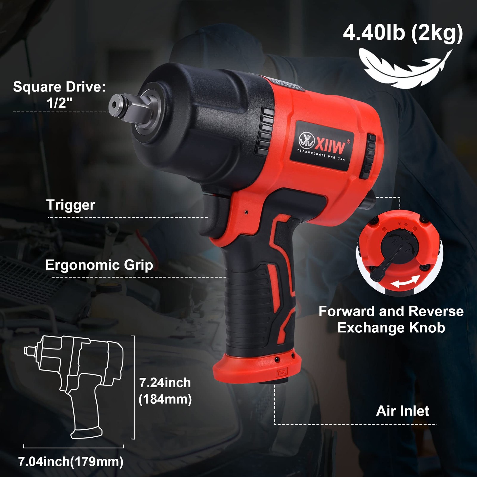 1/2 Inch Air Impact Wrench, Max Torque 1560 ft-lbs, lightweight 4.4 lb ...