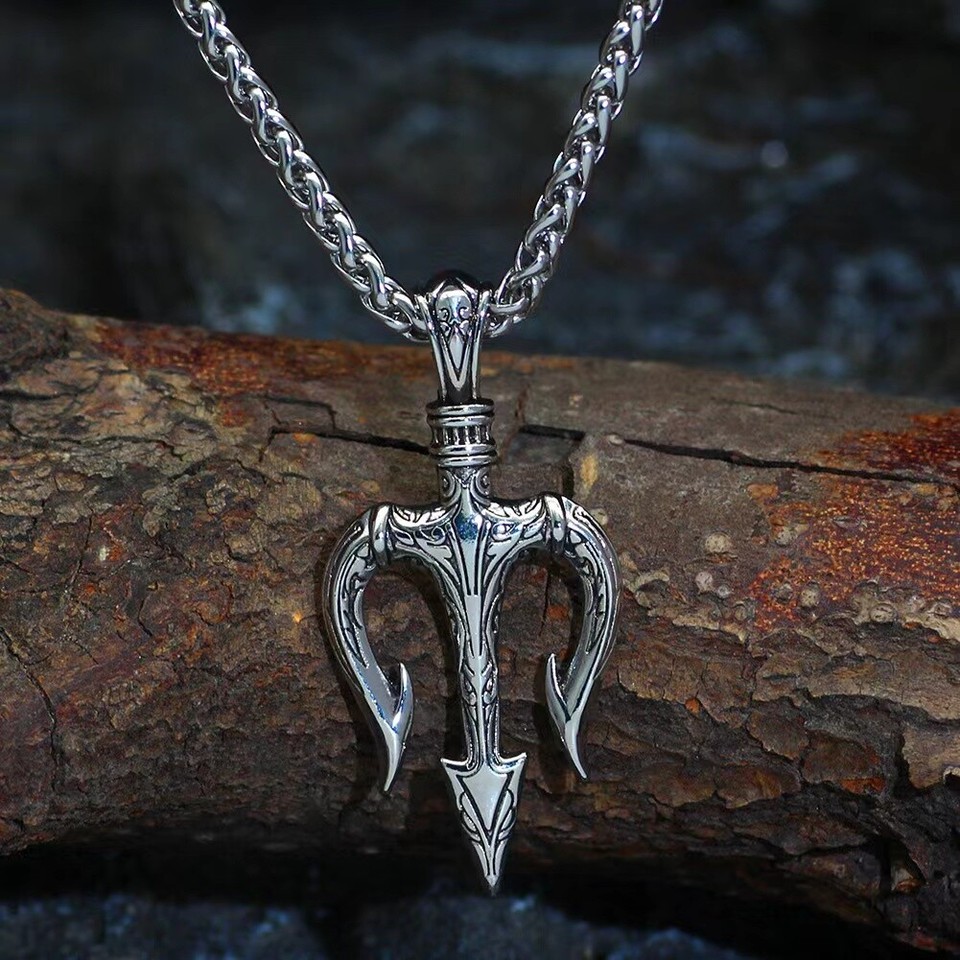Mens Silver Poseidon Trident Pendant Necklace Punk Jewelry Braided ...