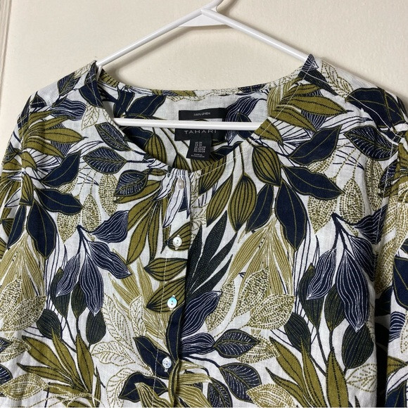 Tahari botanical print 100% linen button up shirt womens 3X green plant ...