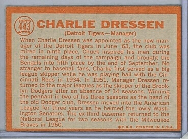 1964 Topps Chuck Dressen #443 - Detroit Tigers Manager | eBay