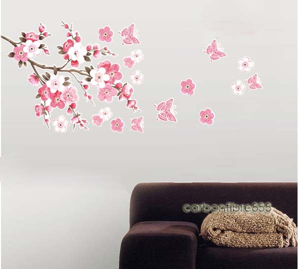 Large Peach Blossom Flower Butterfly Wall Stickers Art Decal Home Room ...