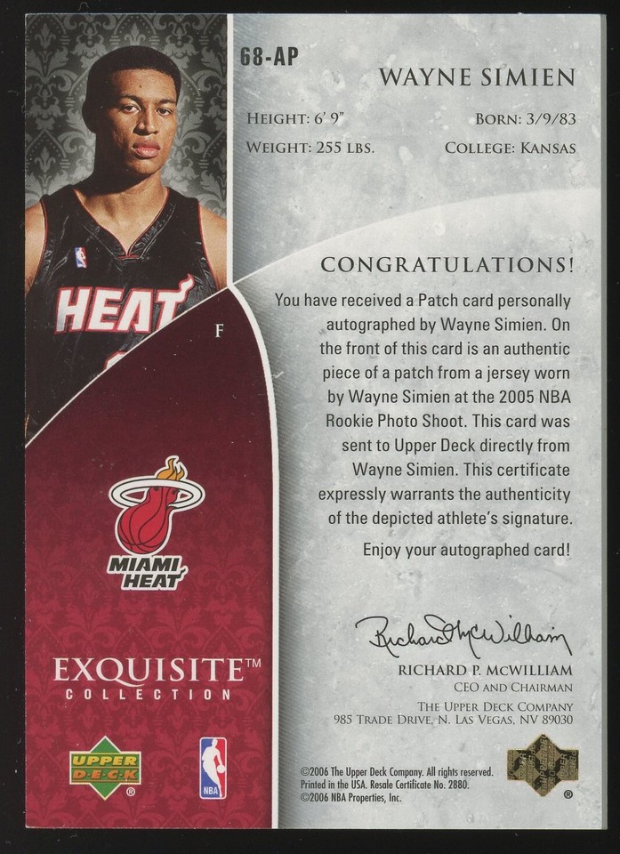 Wayne Simien 05-06 UD Exquisite #68 Miami Heat Patch Kansas KU RC AUTO ...