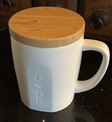 Tomic Stoneware White Pepperdine Coffee Tea Soup Mug W/ Wood Lid | eBay