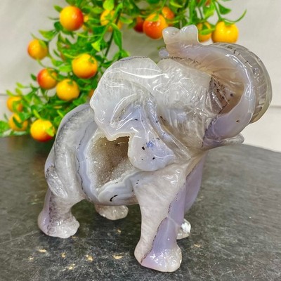1.16LB Natural agate geode quartz crystal engrave Elephant skull ...