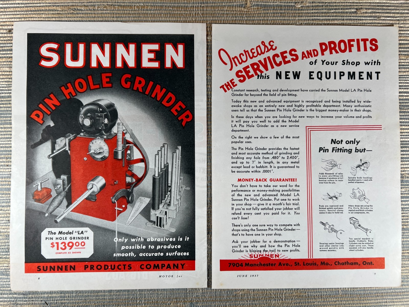 Sunnen Pin Hole Grinder Auto Mechanic St Louis Missouri 1937 Vintage ...