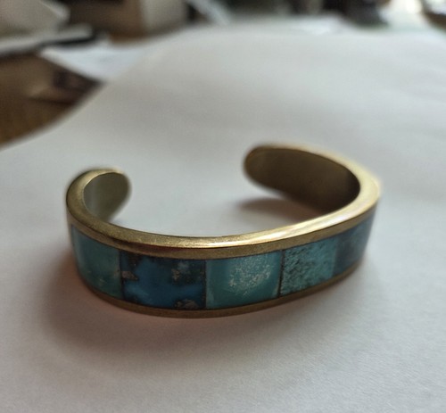 Andrew Shows & Turza Wells Inlay Cuff Bracelet Brass Turquoise. | eBay