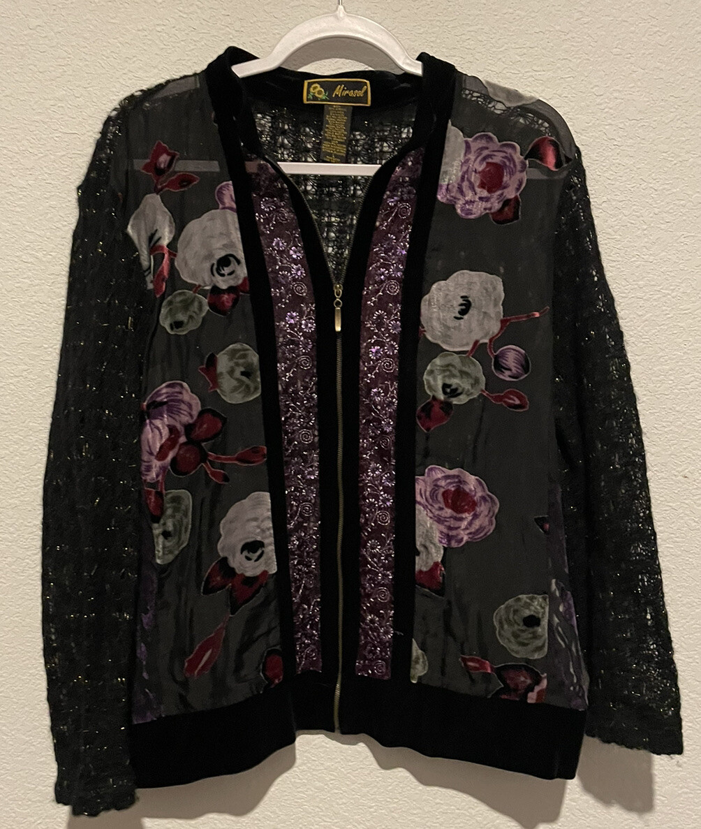 Marisol Women's Long Sleeve Floral Embroidered Sheer Sweater Cardigan Large | eBay