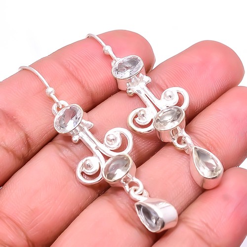 White Topaz Multi Collet 925 Sterling Silver Handmade Earring 2.15" E2 ...