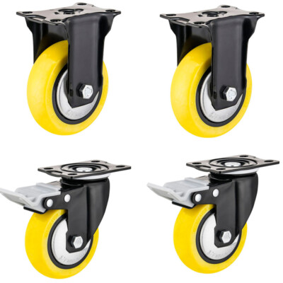 2 Fixed Direction + 2 Swivel Brake 3“ Heavy Duty PU Swivel Plate Caster ...