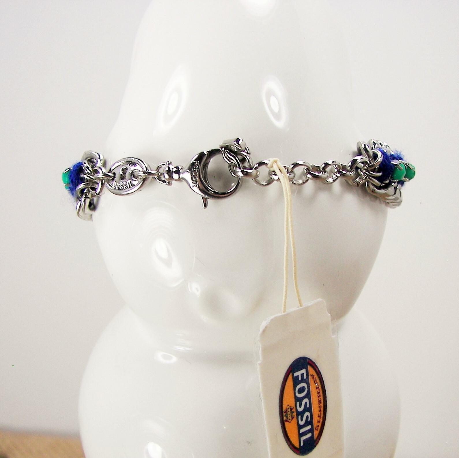 Fossil Arm Candy Bracelet Green Bead Blue Thread Silver Tone Metal ...