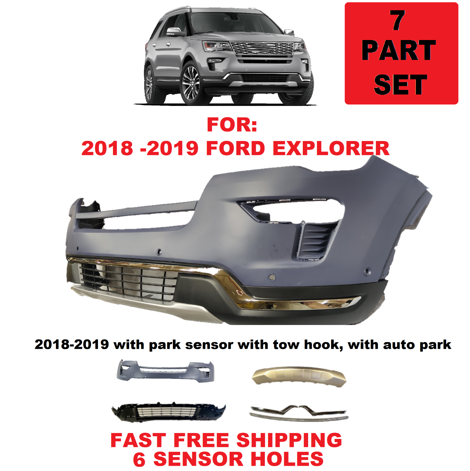 for 2018-2019 Ford Explorer Front Bumper Cover Set Upper Lower with ...