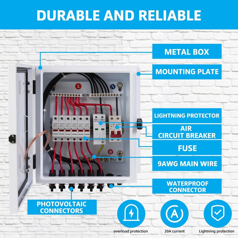 Elnuimex 6 String Metal Solar Combiner Box, PV Combiner Box with 20A ...