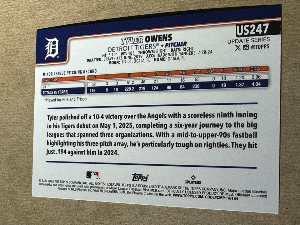 2025 Topps Update Series Tyler Owens #US247 Sandglitter Tigers RC | eBay