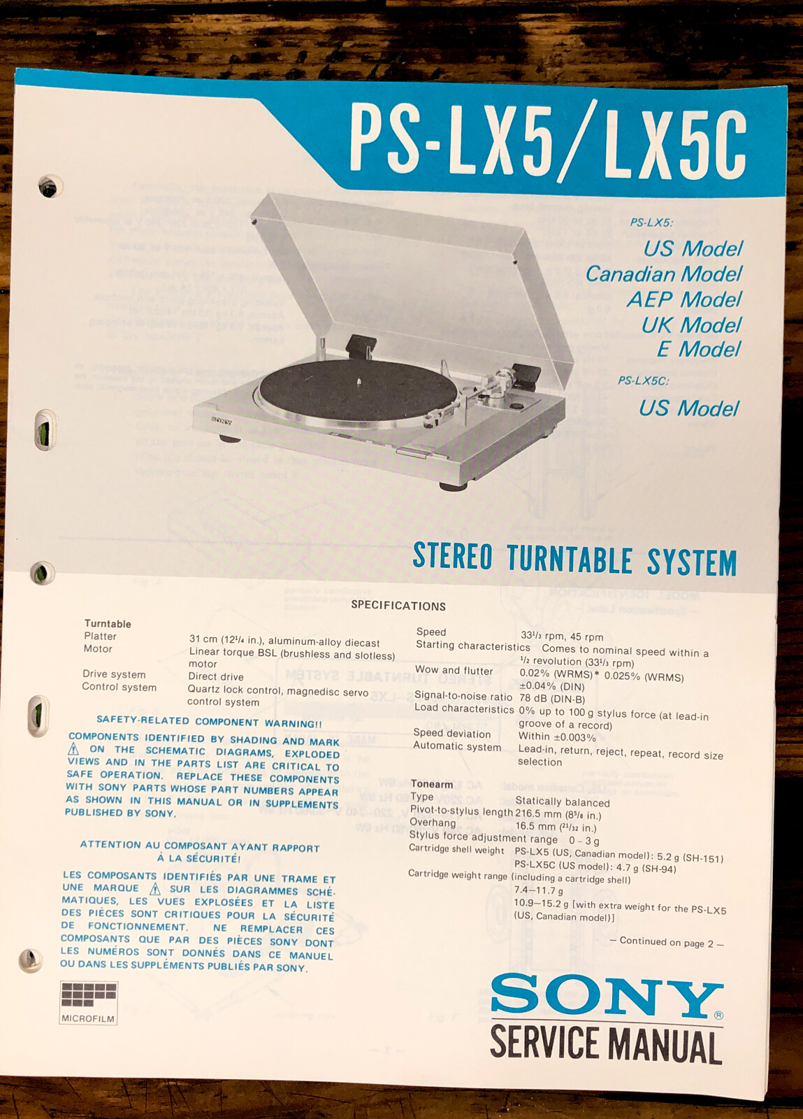 Sony PS-LX5 PS-LX5C Record Player / Turntable Service Manual *Original ...