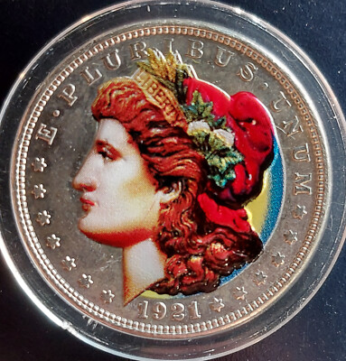 1921 MORGAN SILVER Antique $1 DOLLAR Coin COLORIZED Painted w/Airtite ...
