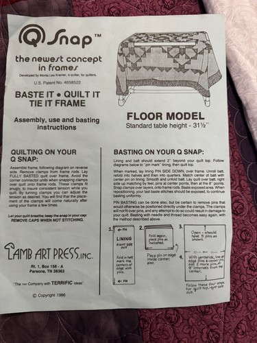 Q SNAP Quilting Frame Portable PVC Embroidery Needlepoint 31½"×28"x39 ...