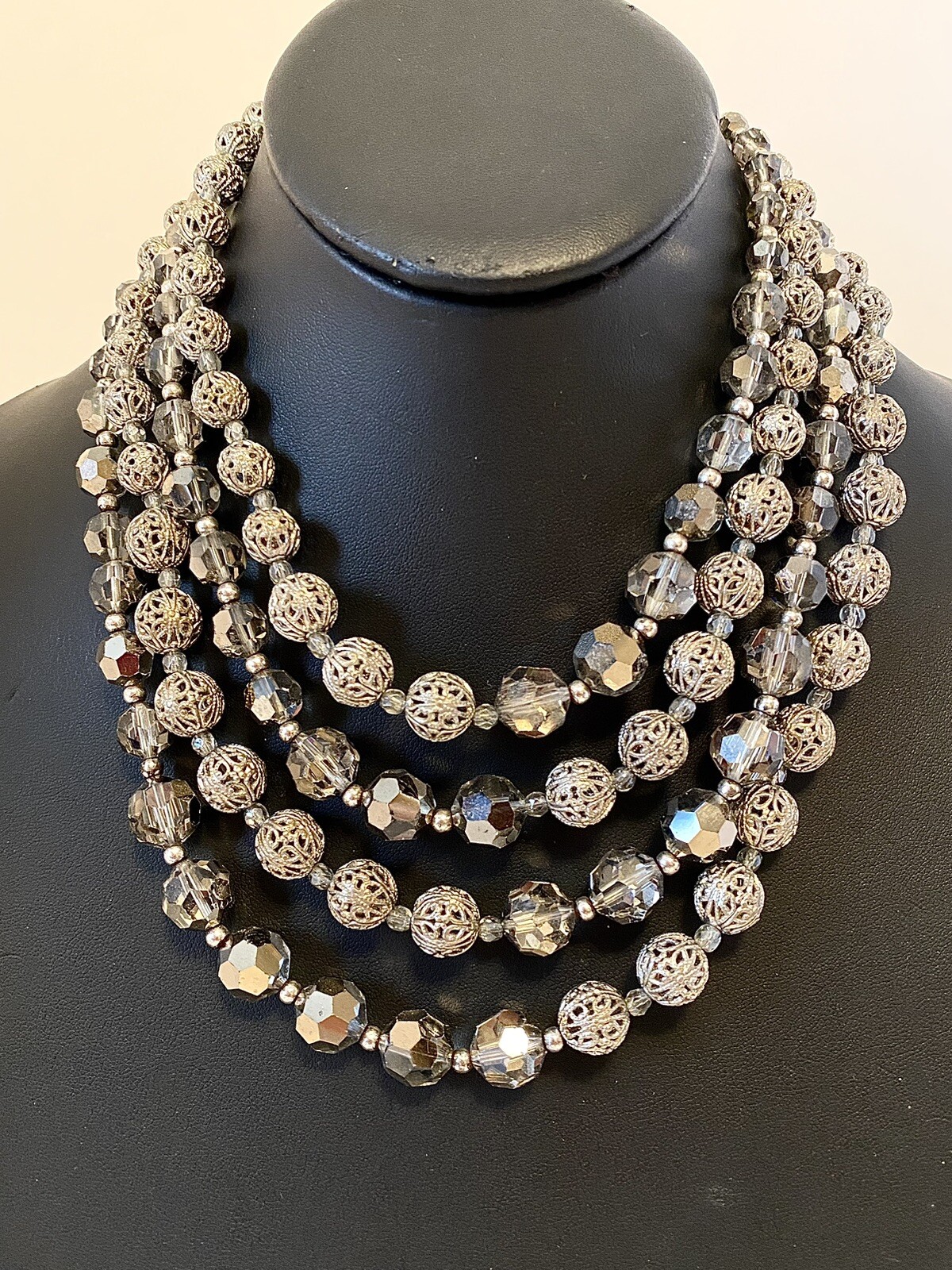 Vintage Marvella Silver Tone Filigree Gray AB Glass Beads Multi Strand ...