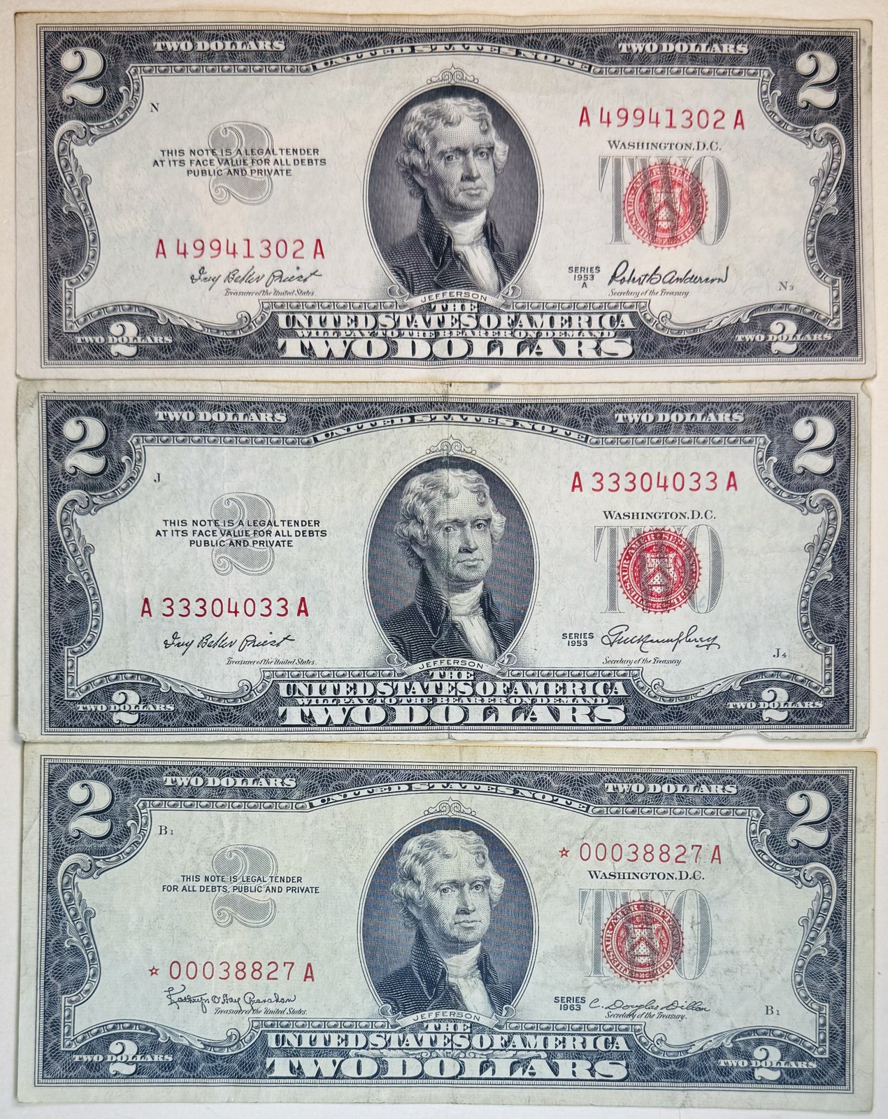 1953 & 1963 $2 RED SEAL STAR NOTES LOT !TOTAL 3 AMAZING NOTES! NR #G456 ...