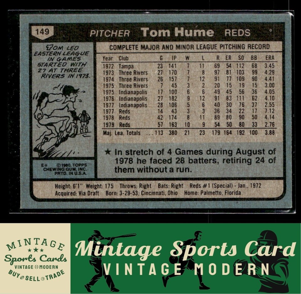 1980 Topps - Tom Hume - #149 Cincinnati Reds | eBay
