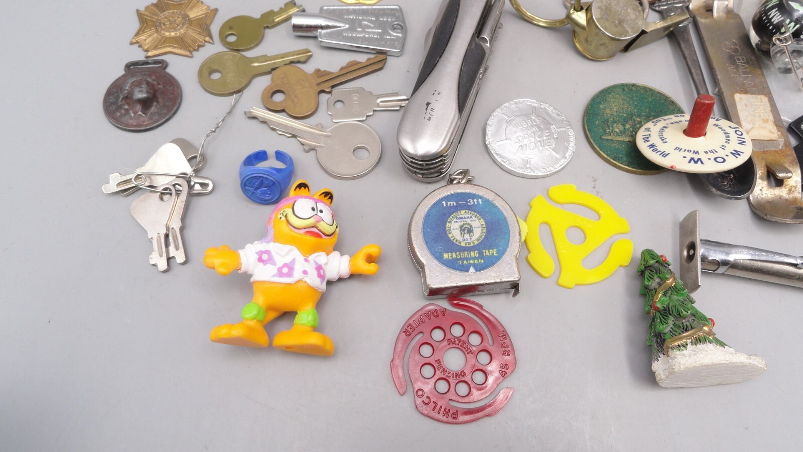 Junk Drawer Lot - Fobs, Keys, Multi-Tool, Tokens, Spoon, Whistle, Patch ...