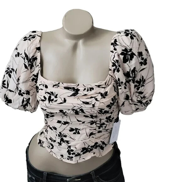 ASTR The Label Florian Square Neck Puff Sleeve Top Size S Black Cream ...