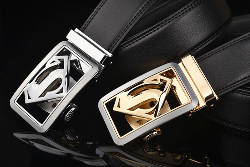 Luxury Men's Superman Automatic Buckle Belt Black Leather Ratchet Strap ...