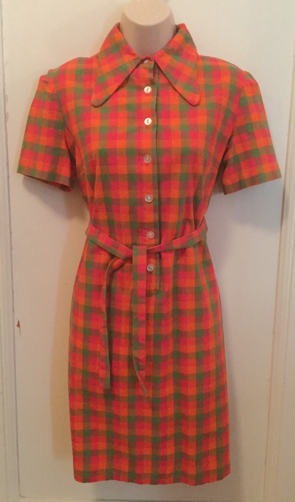 1960s 70s Mod Suedehead Dolly Collar Orange Plaid Mad… - Gem