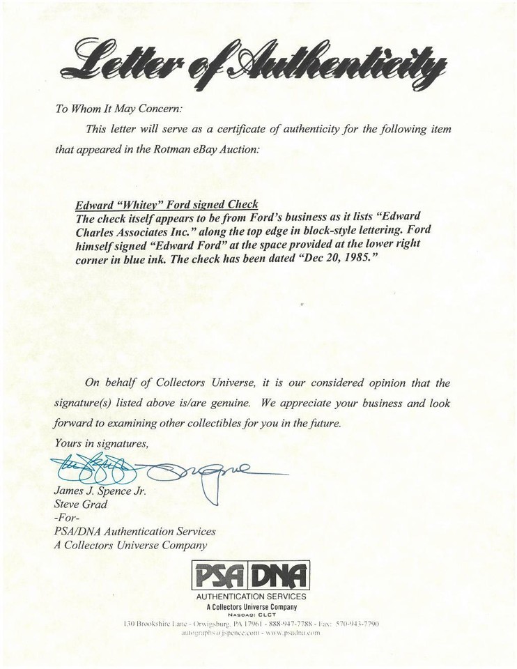 Whitey Ford Signed Authentic Autographed Check w/Unsigned 8x10 Photo ...