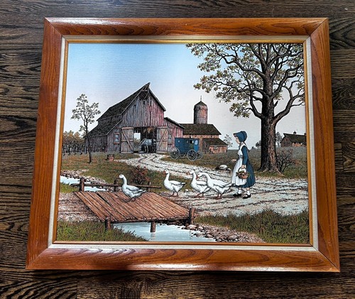 LARGE ORIGINAL PAINTING BARN SCENE W/ GIRL AND GEESE 24 X 20 - BY C ...
