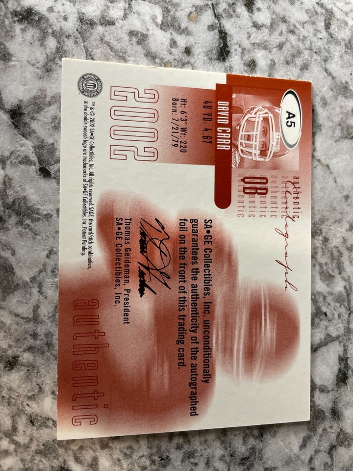 2002 SAGE DAVID CARR Rookie Autograph Fresno State Auto /220 Houston ...