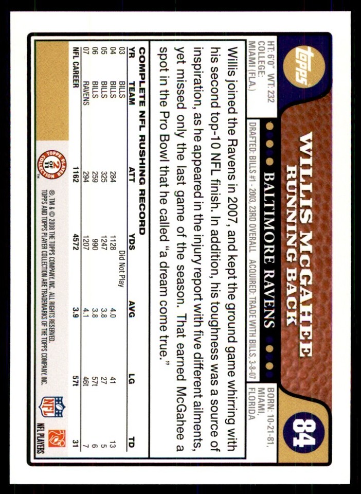 2008 TOPPS WILLIS MCGAHEE BALTIMORE RAVENS #84 | eBay