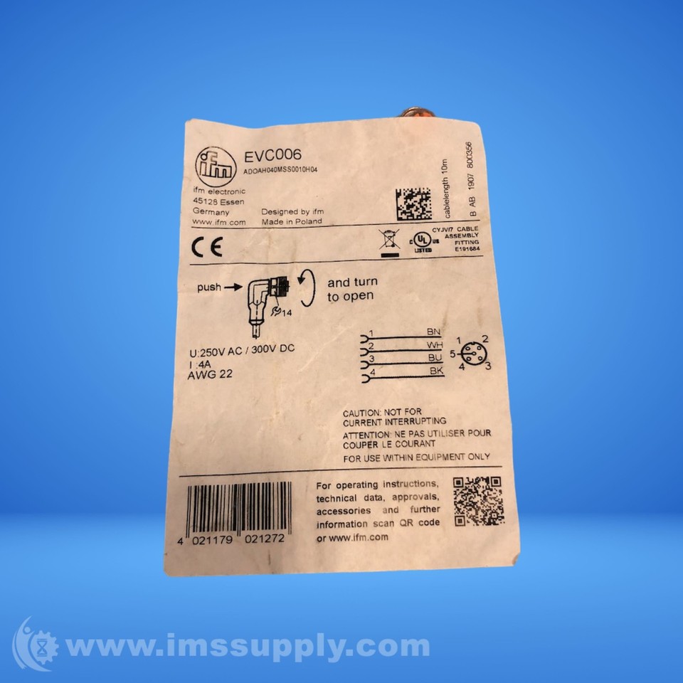 Ifm EVC006 Female Cordset, 250V AC / 300V DC, 22 AWG, 10M FNOB | eBay