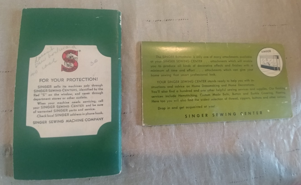 Vintage 1940 Singer 66-16 Sewing Machine Manual plus Buttonholer Manual ...