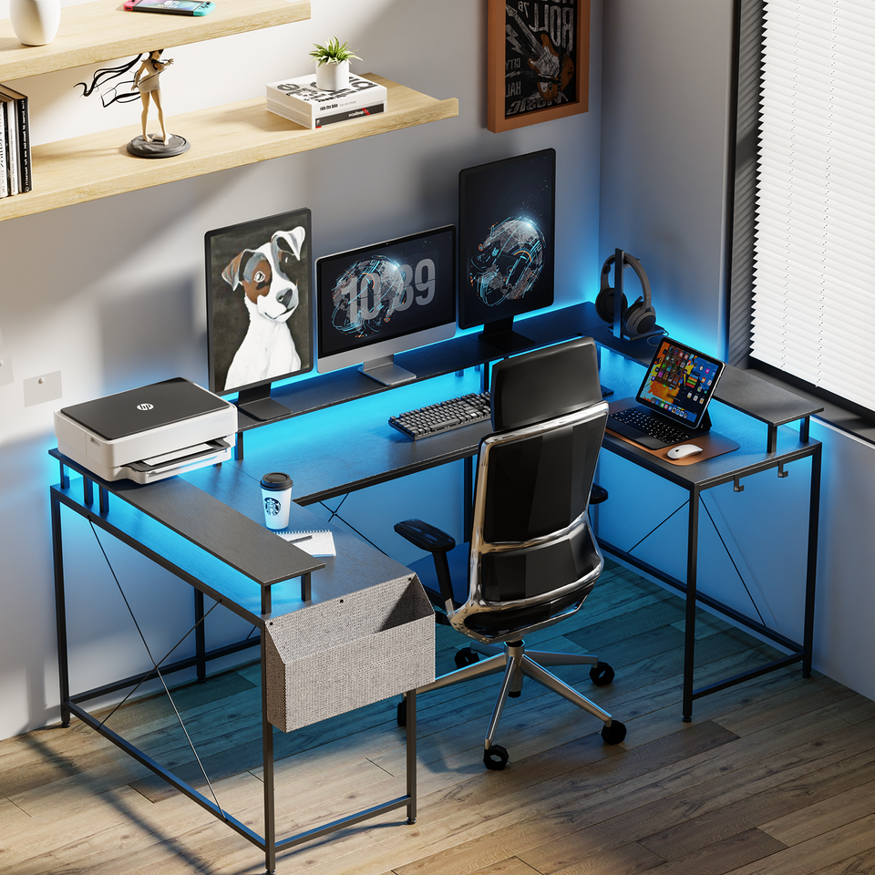 U Shaped Gaming Desk with Monitor Stand & LED Lights Office Desk Corner ...