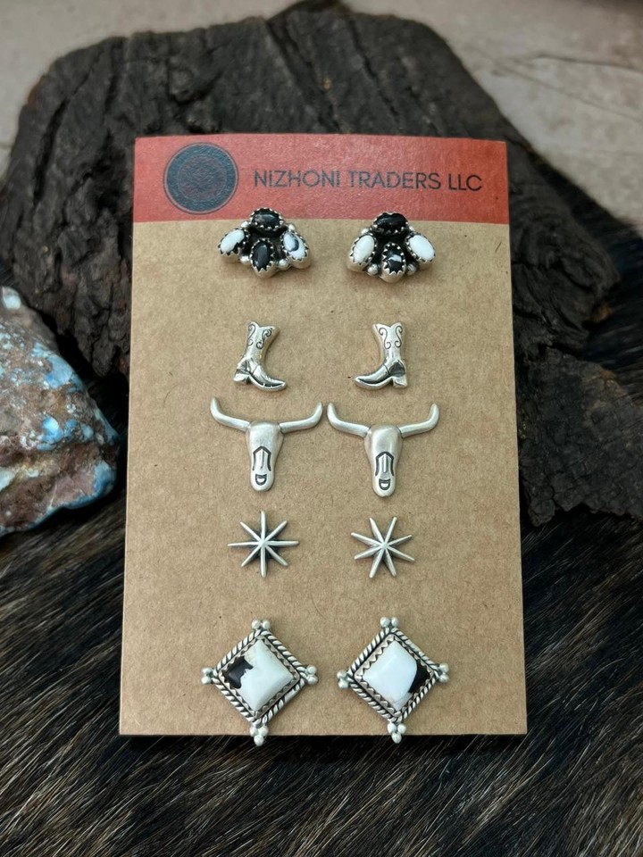 Handmade Sterling Silver White Buffalo Post Studs Earrings Set | eBay