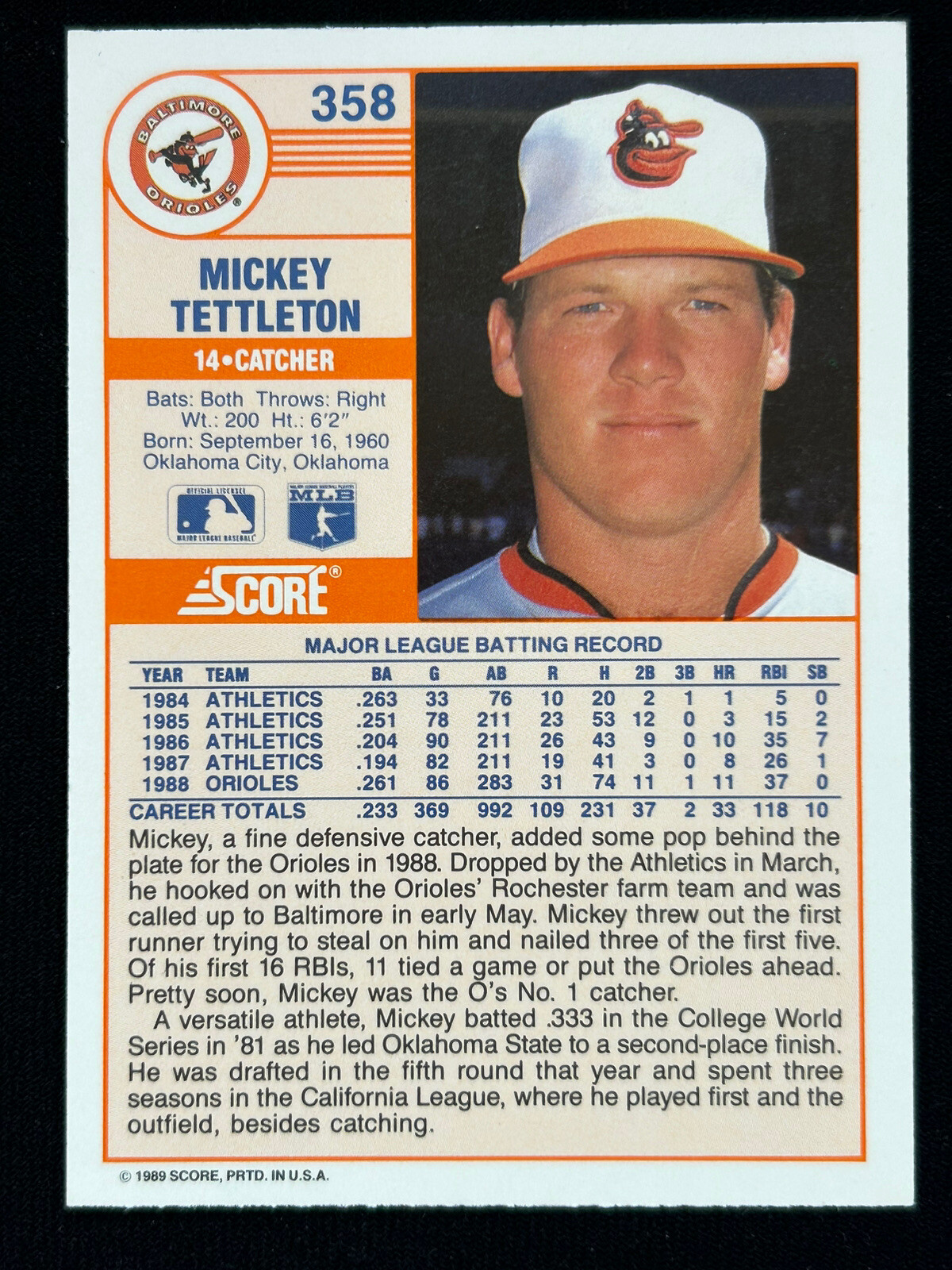 1989 Score - #358 Mickey Tettleton Orioles Baseball Card | eBay