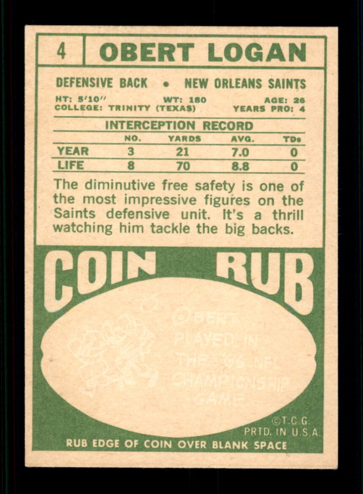 1968 Topps #4 Obert Logan - Crease Free | eBay