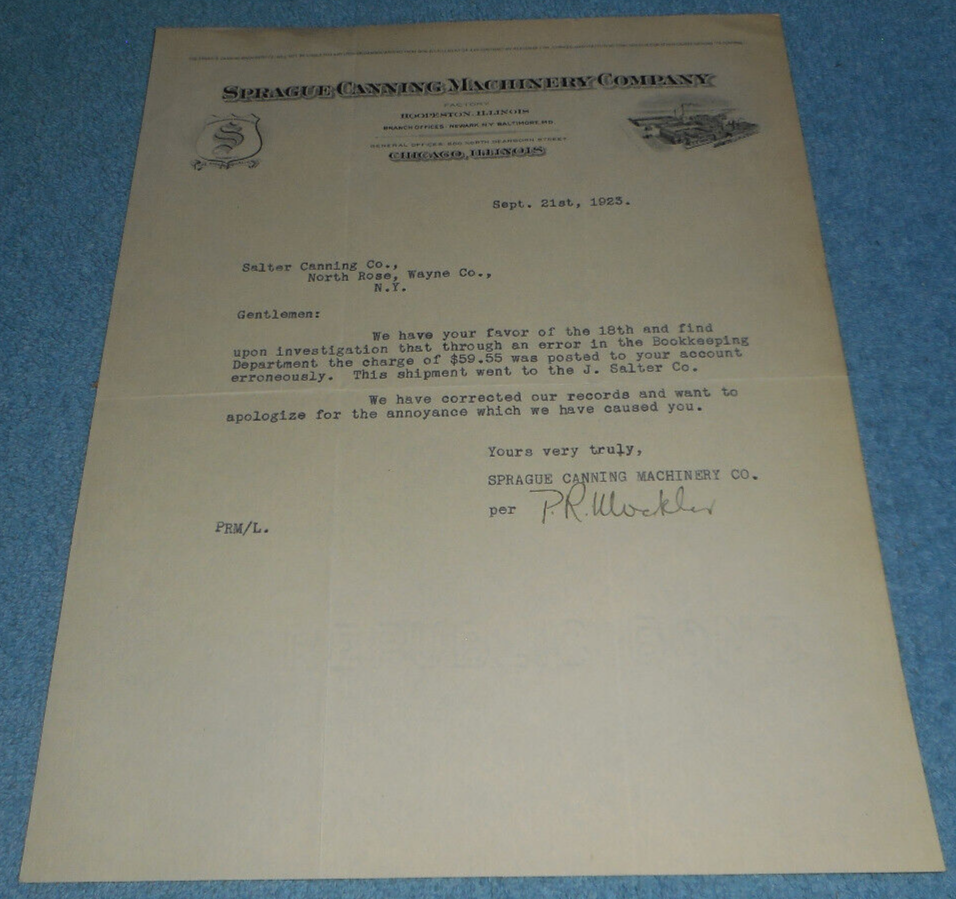 1923 Sprague Canning Machinery Company Chicago IL Letter To Salter ...