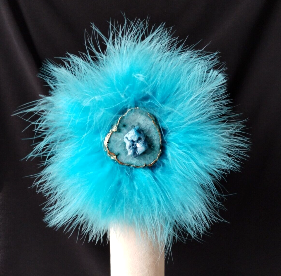 Ocean Blue Agate Druzy Champagne Leather Exotic Marabou Feather 2" Cuff ...
