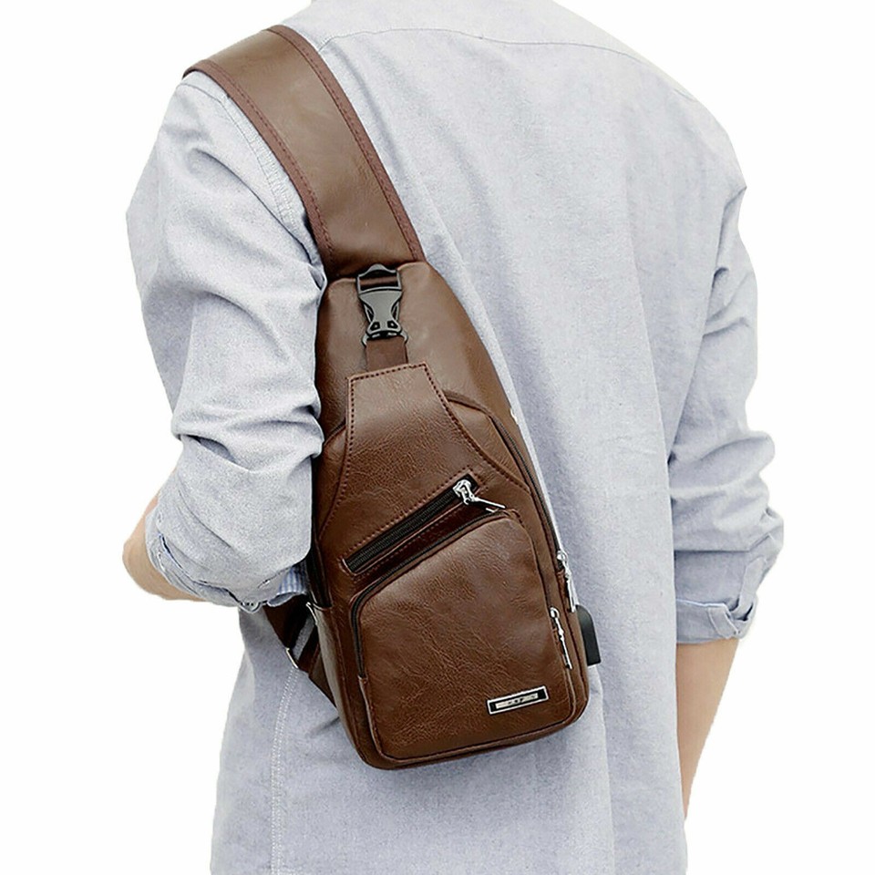Mens Sling Chest Bag PU Leather Cross Body Fanny Packs USB Charging ...