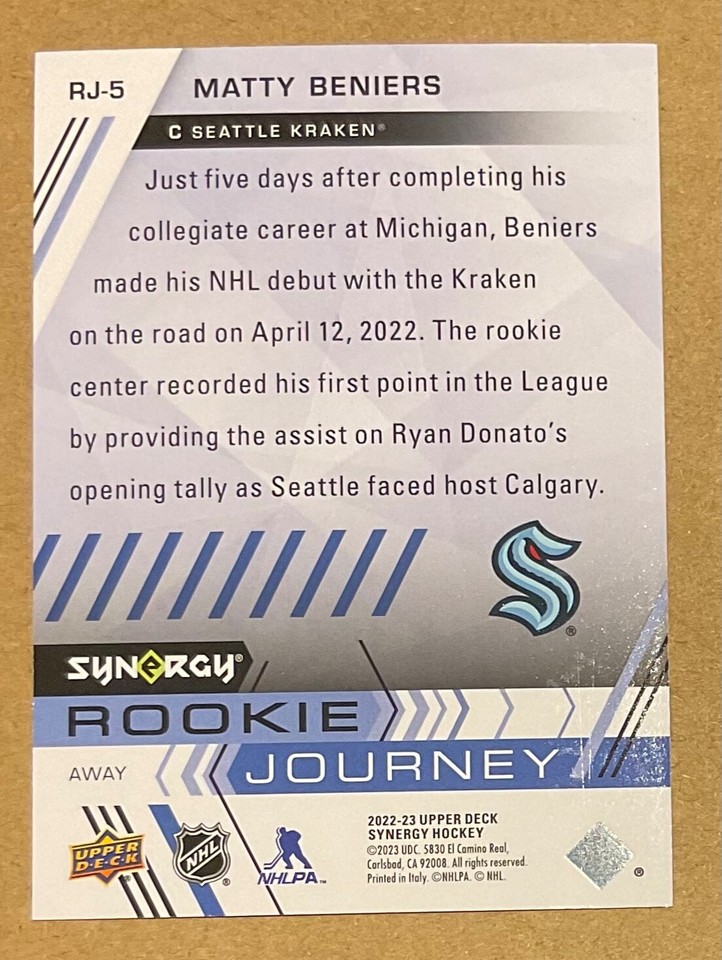 2022-23 MATTY BENIERS UD SYNERGY ROOKIE AWAY JOURNEY CARD #RJ-5 KRAKEN ...